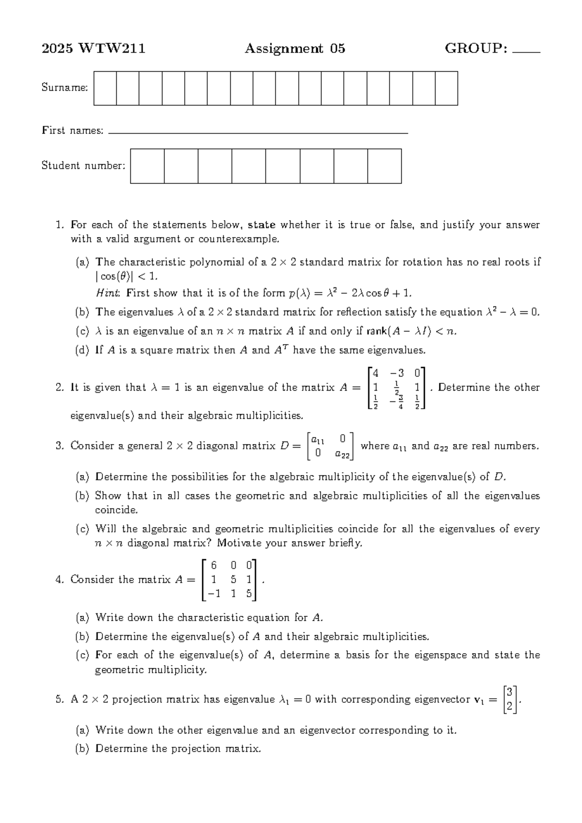 2025 WTW211 Mathematics Assignment 05: Eigenvalues & Matrices - Studocu