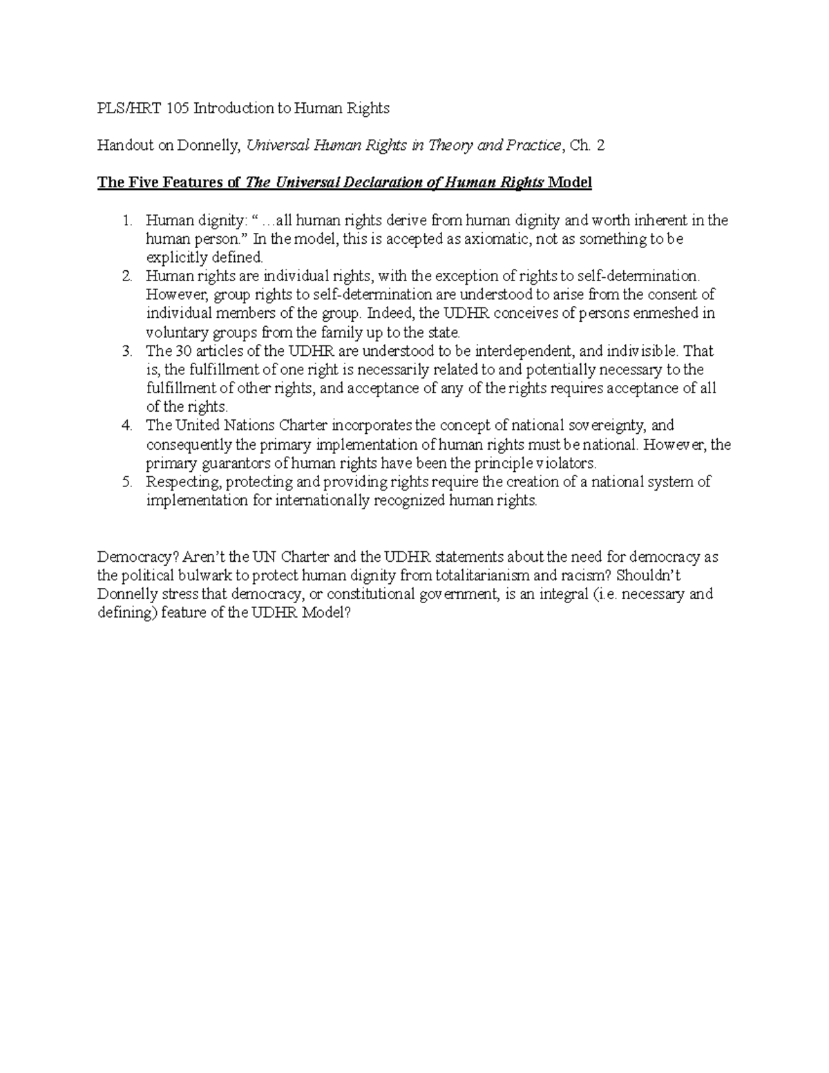 PLS/HRT 105 Handout: The UDHR Model and Its Key Features - Studocu