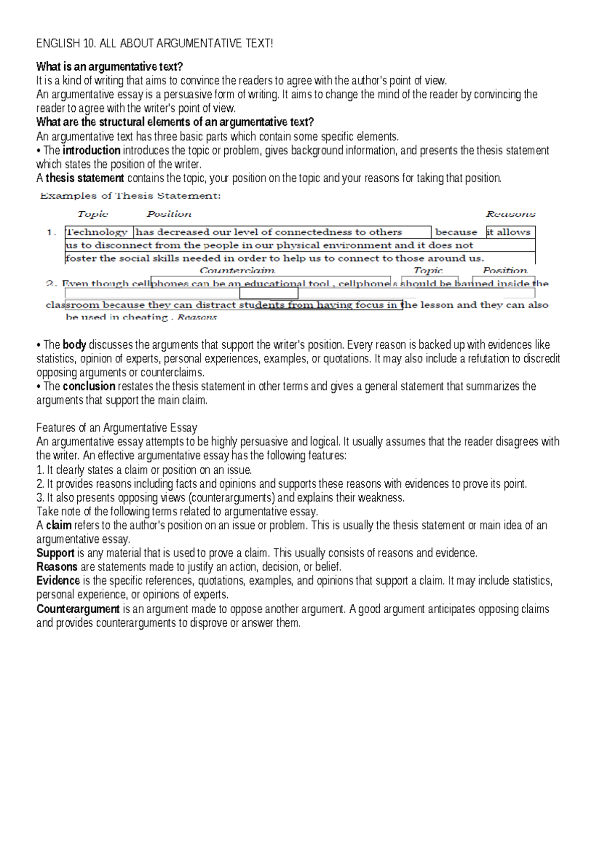 ENGLISH 10. Comprehensive Guide to Argumentative Texts - Studocu