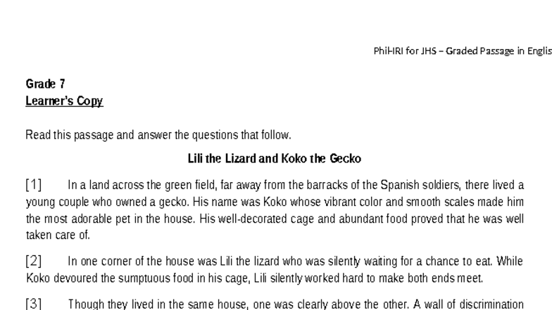 JHS English 7 Graded Passage: Lili the Lizard & Koko the Gecko - Studocu