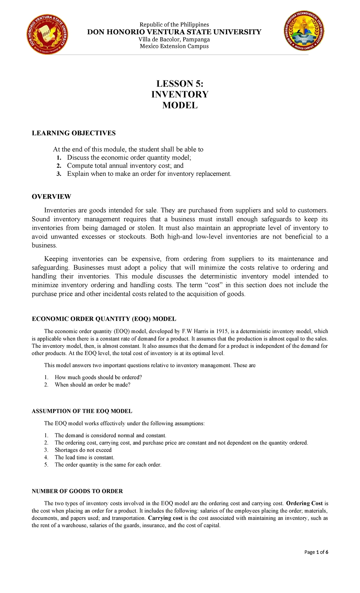 Mansci 5: Lesson on Economic Order Quantity & Inventory Management ...