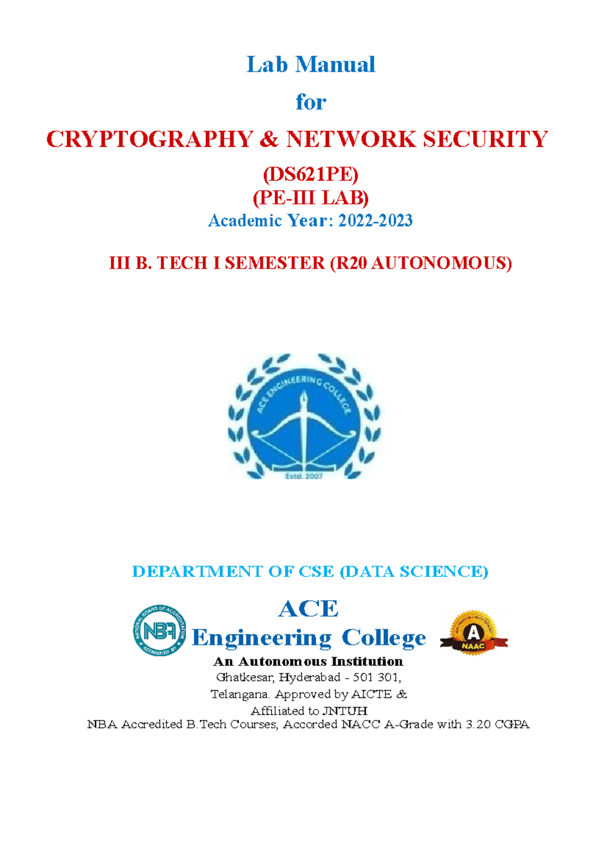CNS LAB Manual-2022-23 3-2 - Lab Manual for CRYPTOGRAPHY & NETWORK SECURITY (DS621PE) (PE-III ...