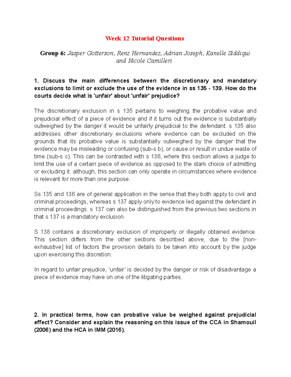 Week 12 Tutorial Questions - Week 12 Tutorial Questions Group 6: Jasper ...