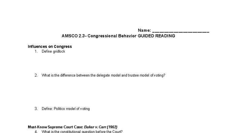 AMSCO Congressional Behavior: Guided Reading on Influences & Models ...