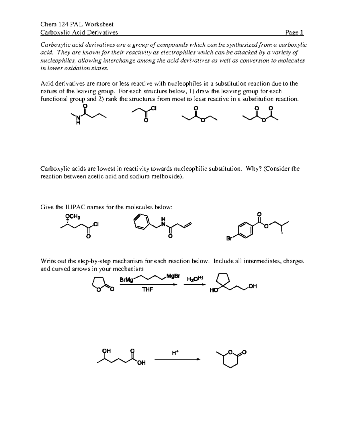 Chem 124 PAL Worksheet: Carboxylic Acid Derivatives Analysis - Studocu