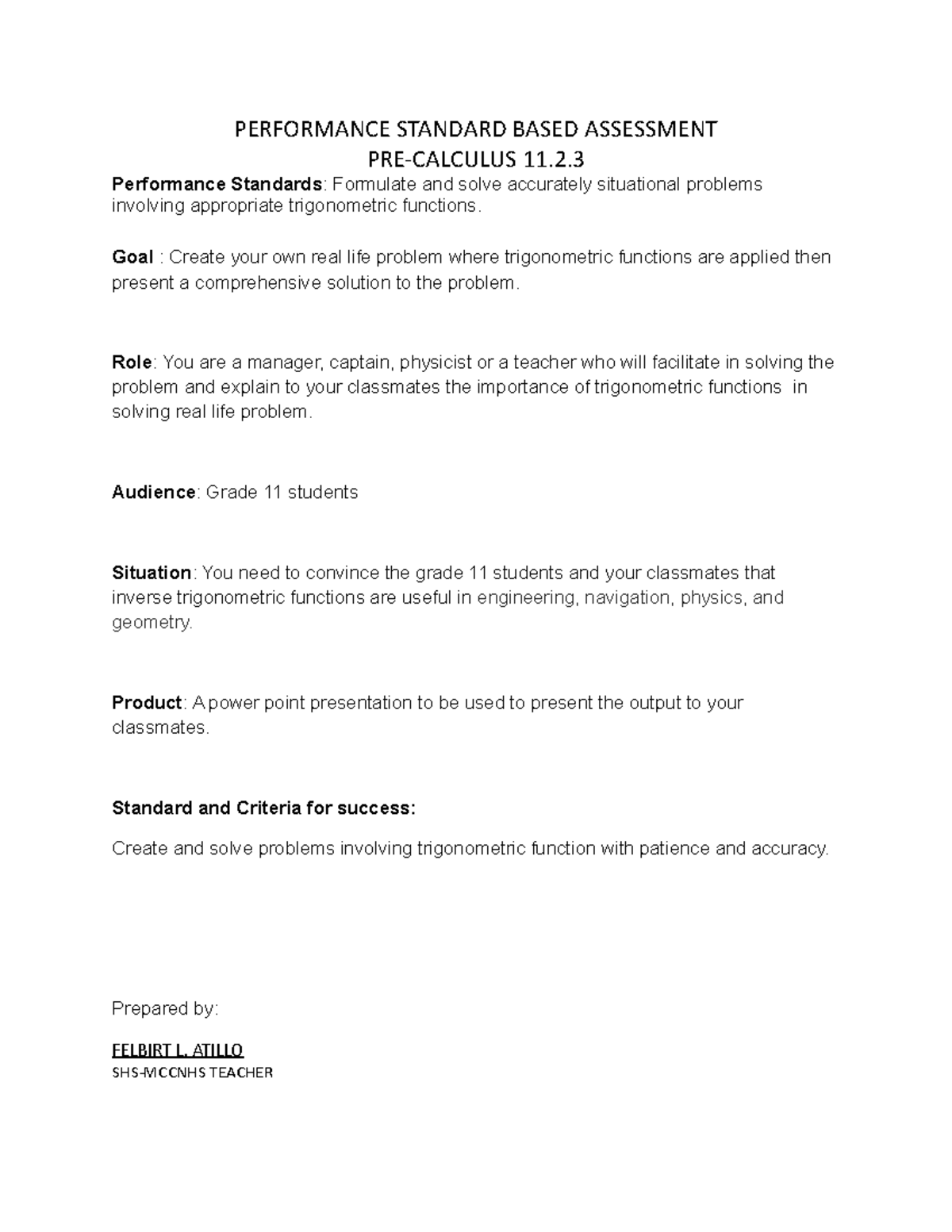 Pre-Calculus 11 - Sample Performance Task on Trigonometric Functions ...