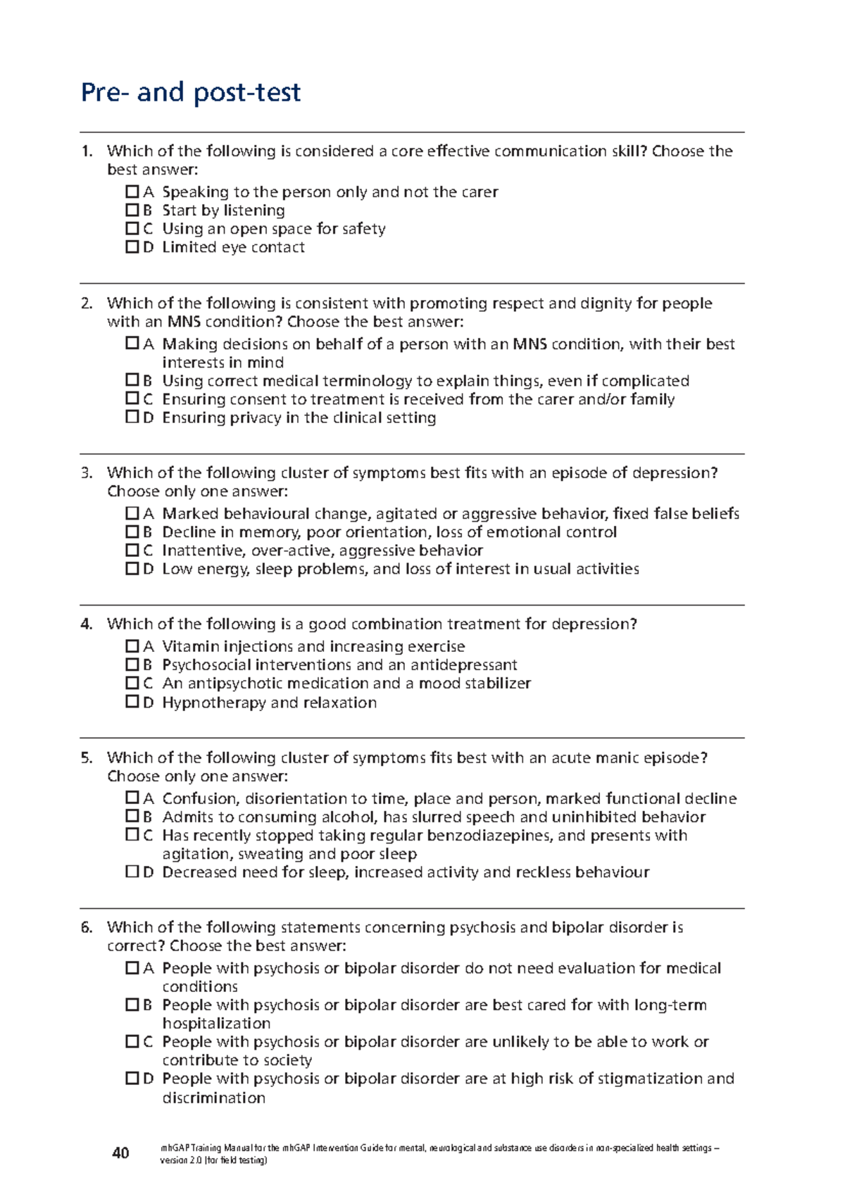 WHO (2017) mhGAP 2.0 Pre- and Post-Test Knowledge Assessment - Studocu