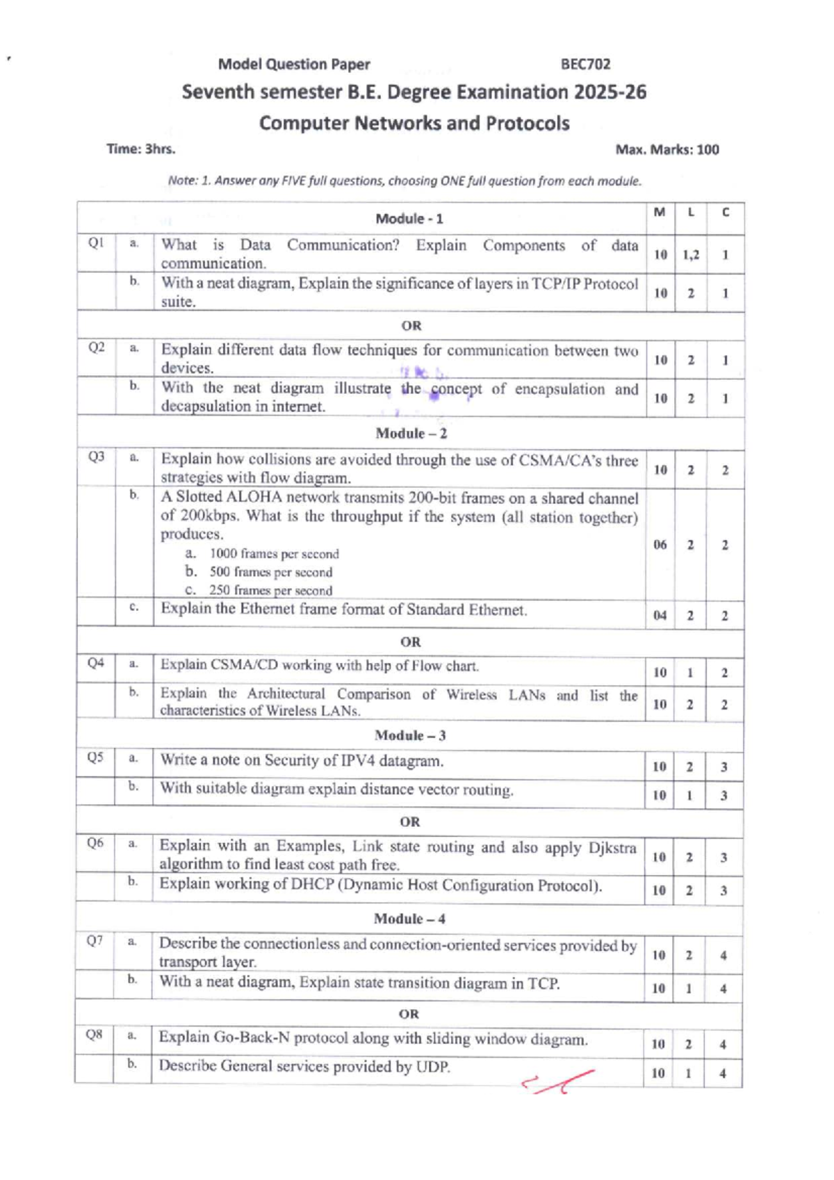 BEC702 Model Question Paper: Computer Networks & Protocols - Studocu