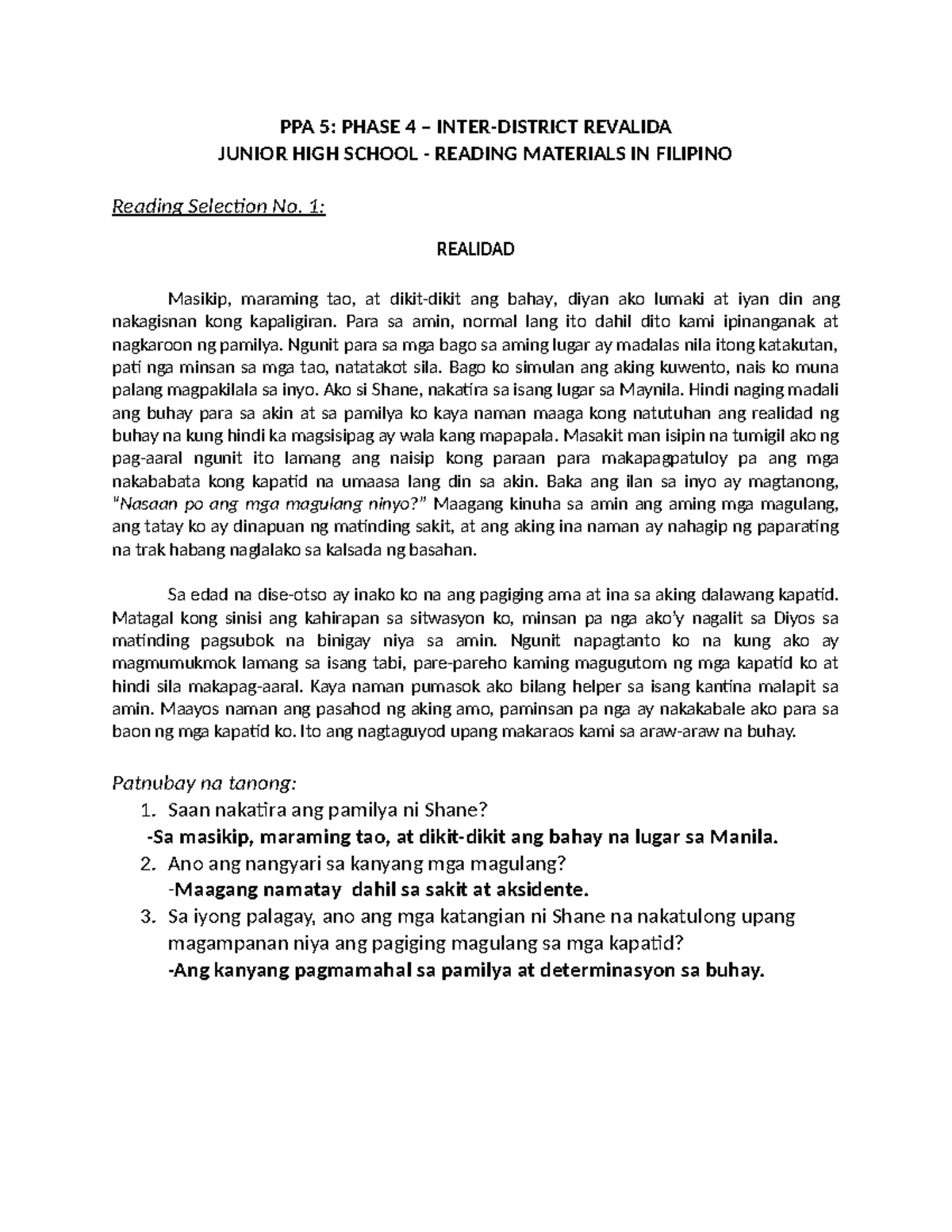 PPA 5 JHS Filipino Reading Materials: Insights & Analysis - Studocu