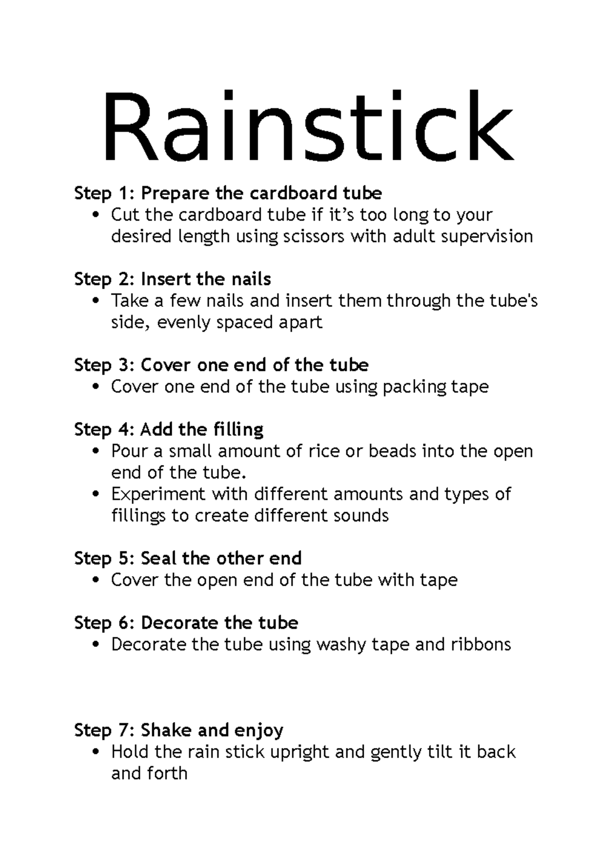 Rainstick Craft Instructions: Step-by-Step Guide to Making Music - Studocu