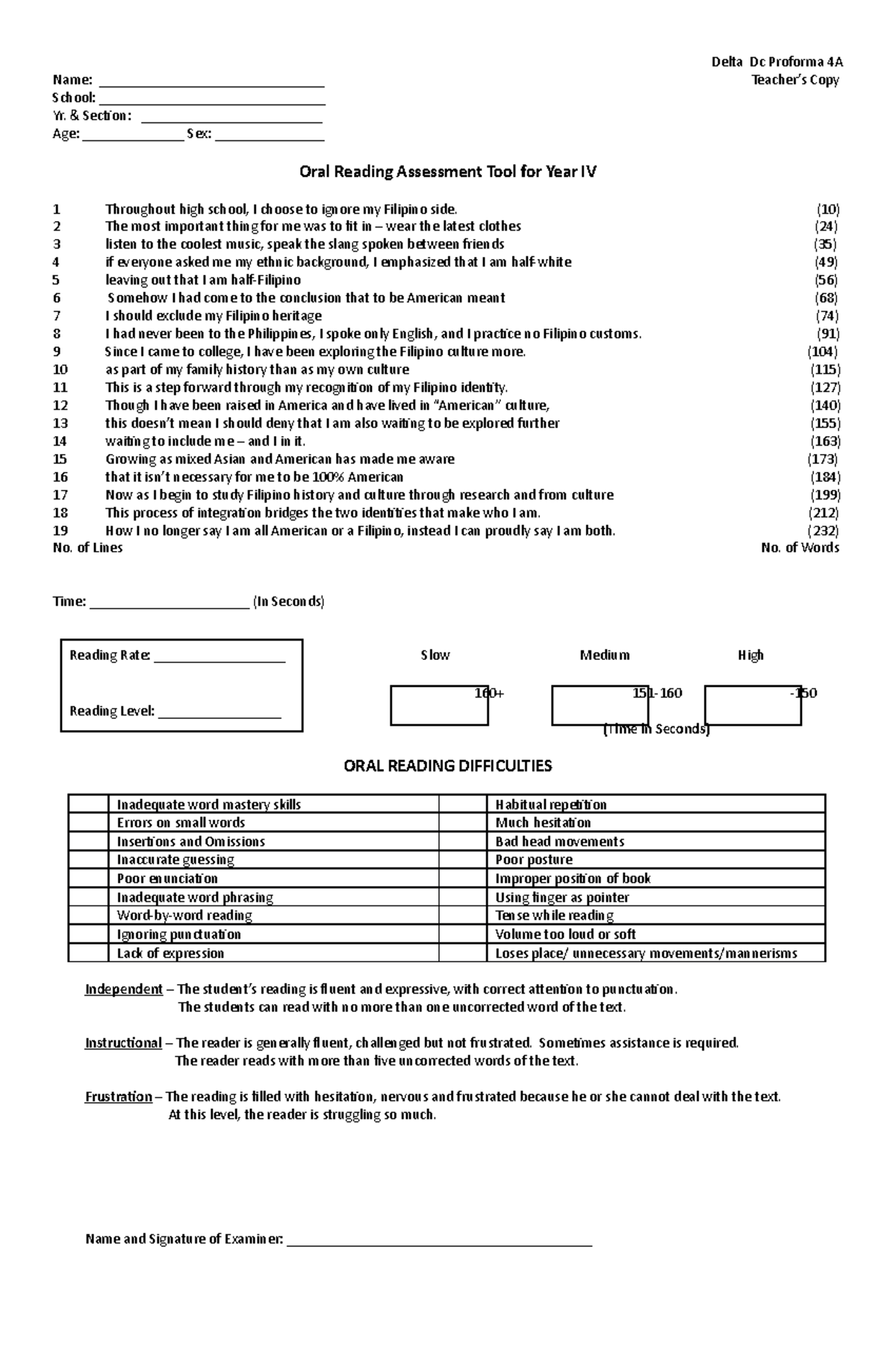ORAL Reading Assessment TOOL G10 - Delta Dc Proforma 4A Name