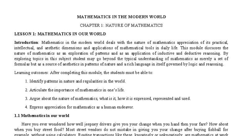 MATHEMATICS IN THE MODERN WORLD CHAPTER 1: FIBONACCI SEQUENCE - Studocu