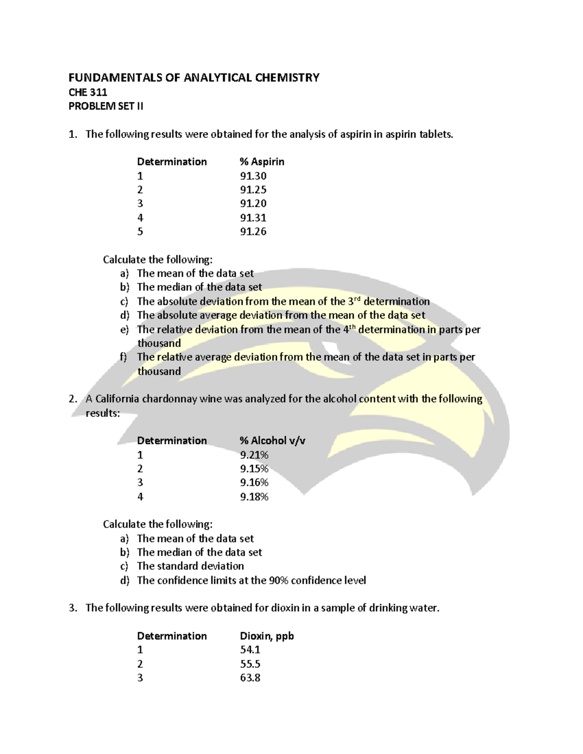 CHE 311 - Problem Set 2 - FUNDAMENTALS OF ANALYTICAL CHEMISTRY CHE 311 PROBLEM SET II The ...