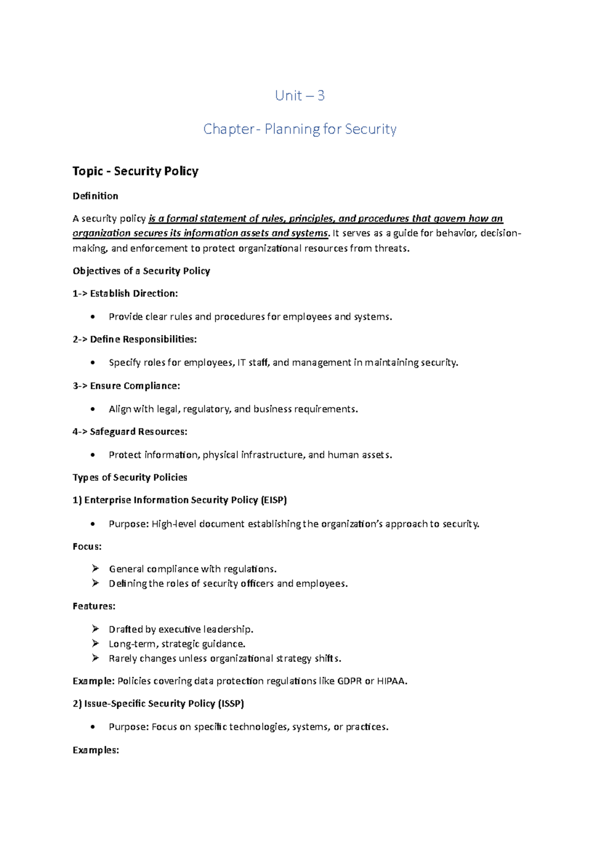 Unit 3 Chapter: Planning for Security Policies and Frameworks - Studocu