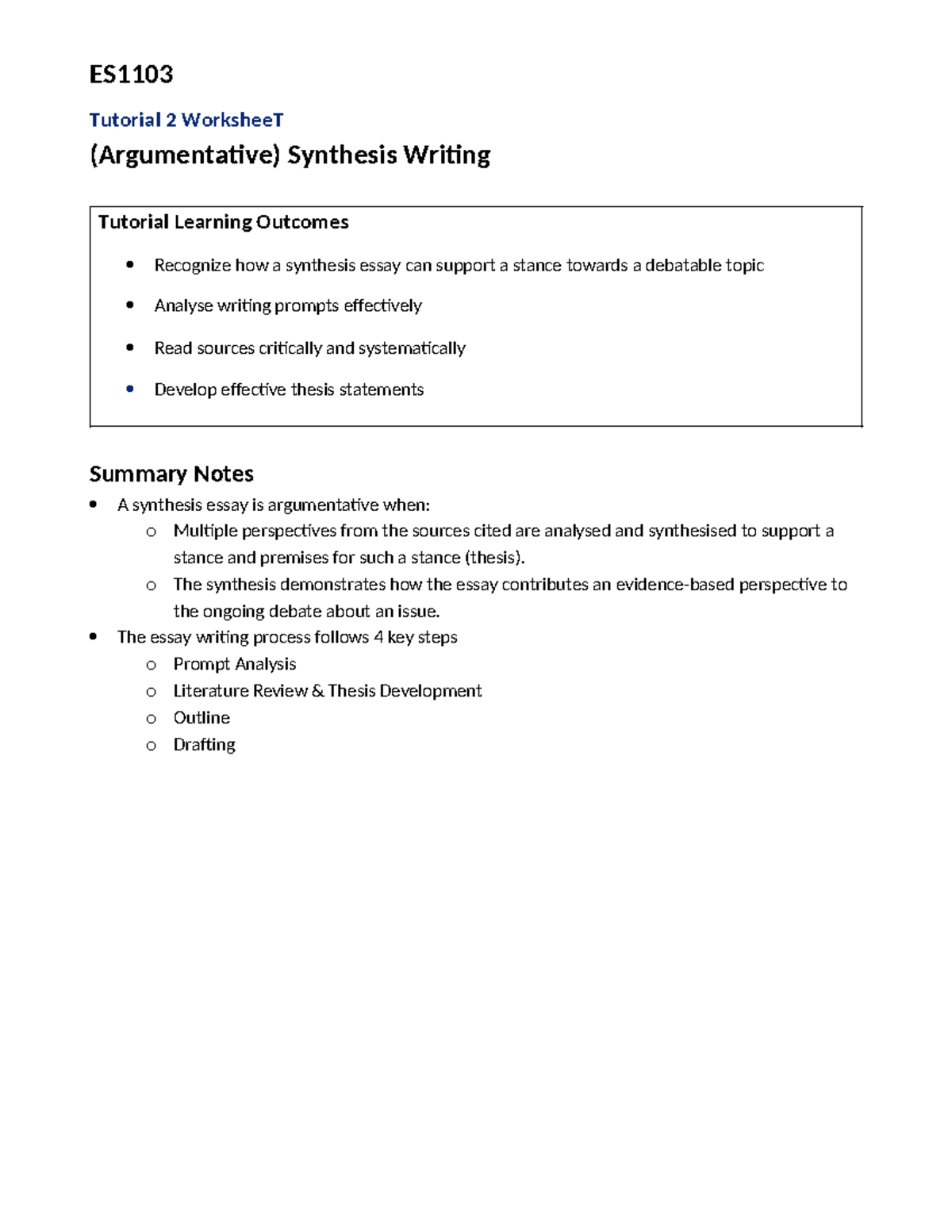 ES1103 Tutorial 2 Worksheet: Argumentative Synthesis Writing Guide ...