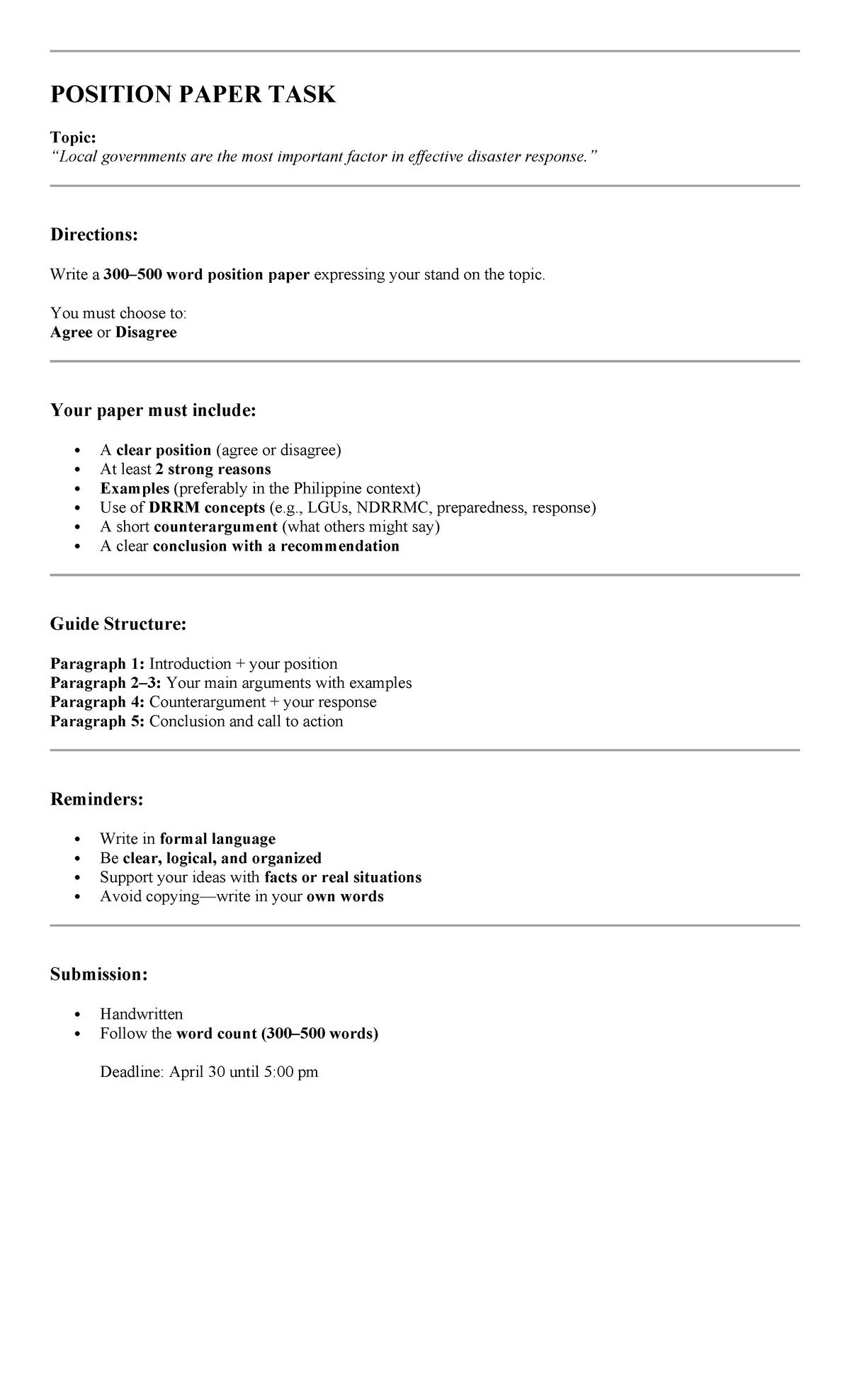 Position Paper Task: Governments as Key Players in Disaster Management ...