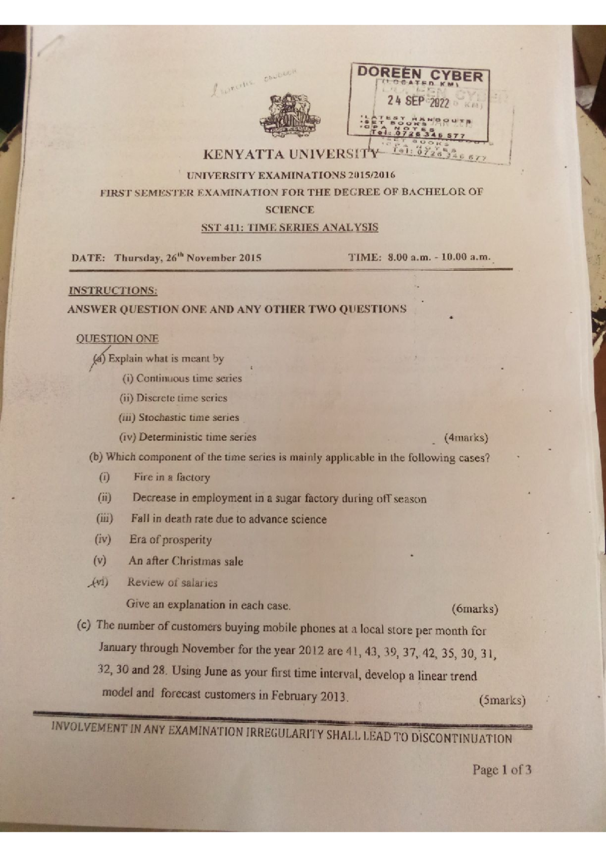 SST 411: Time Series Analysis Past Exam Papers and Notes - Studocu