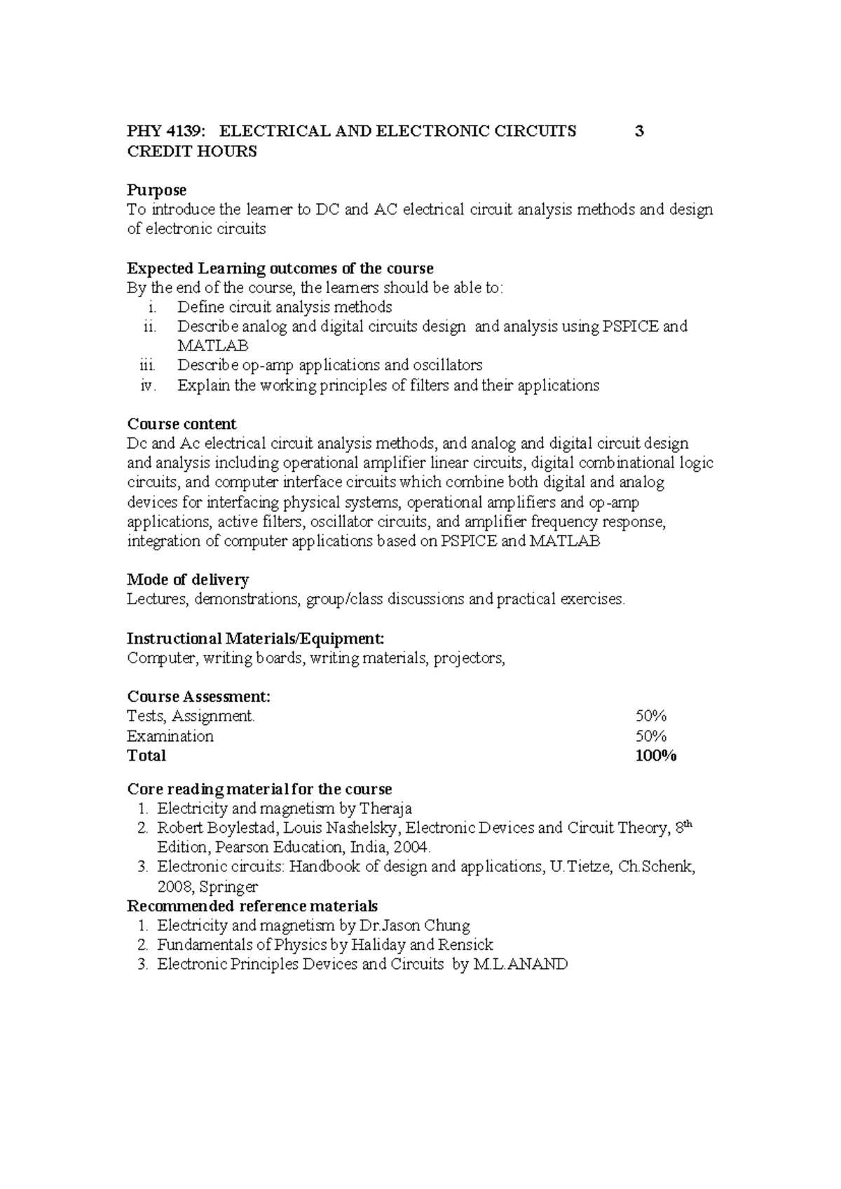 PHY 4139: Course Outline for Electrical & Electronic Circuits - Studocu