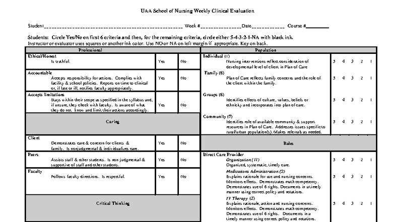 UAA Nursing Weekly Clinical Evaluation Form for Students - Studocu
