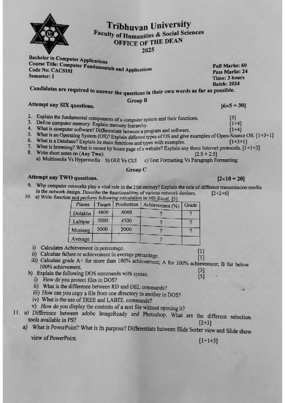 BCA(TU) 1SEM 2025 - Computer Fundamentals & Applications Exam Paper ...