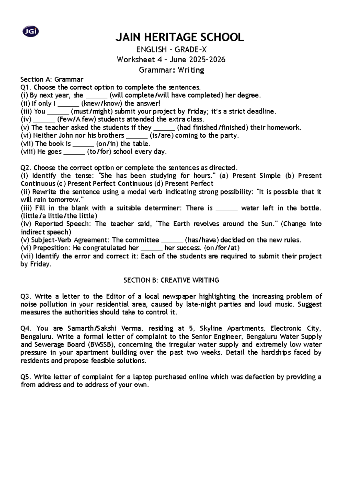 JHS ENG Worksheet 4: Grammar & Creative Writing Exercises - Studocu