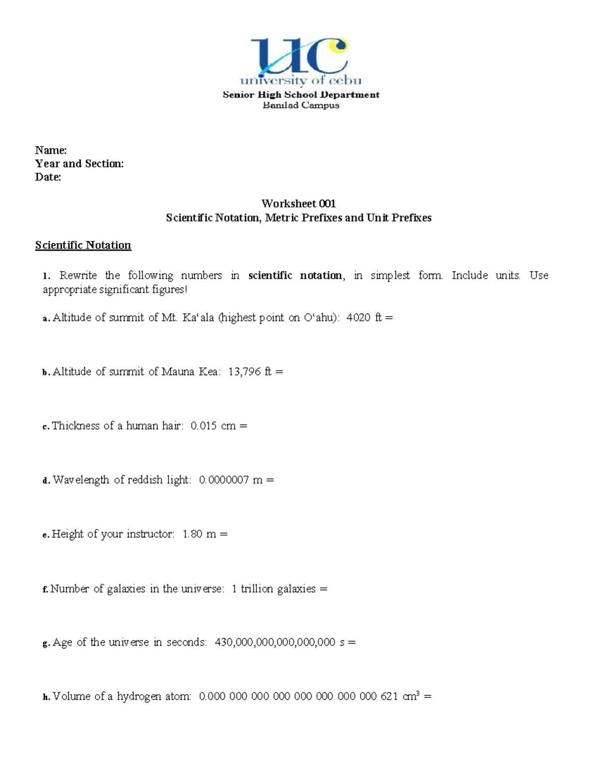 Worksheet 001 - Scientific Notation & Metric Prefixes - SAD - Studocu