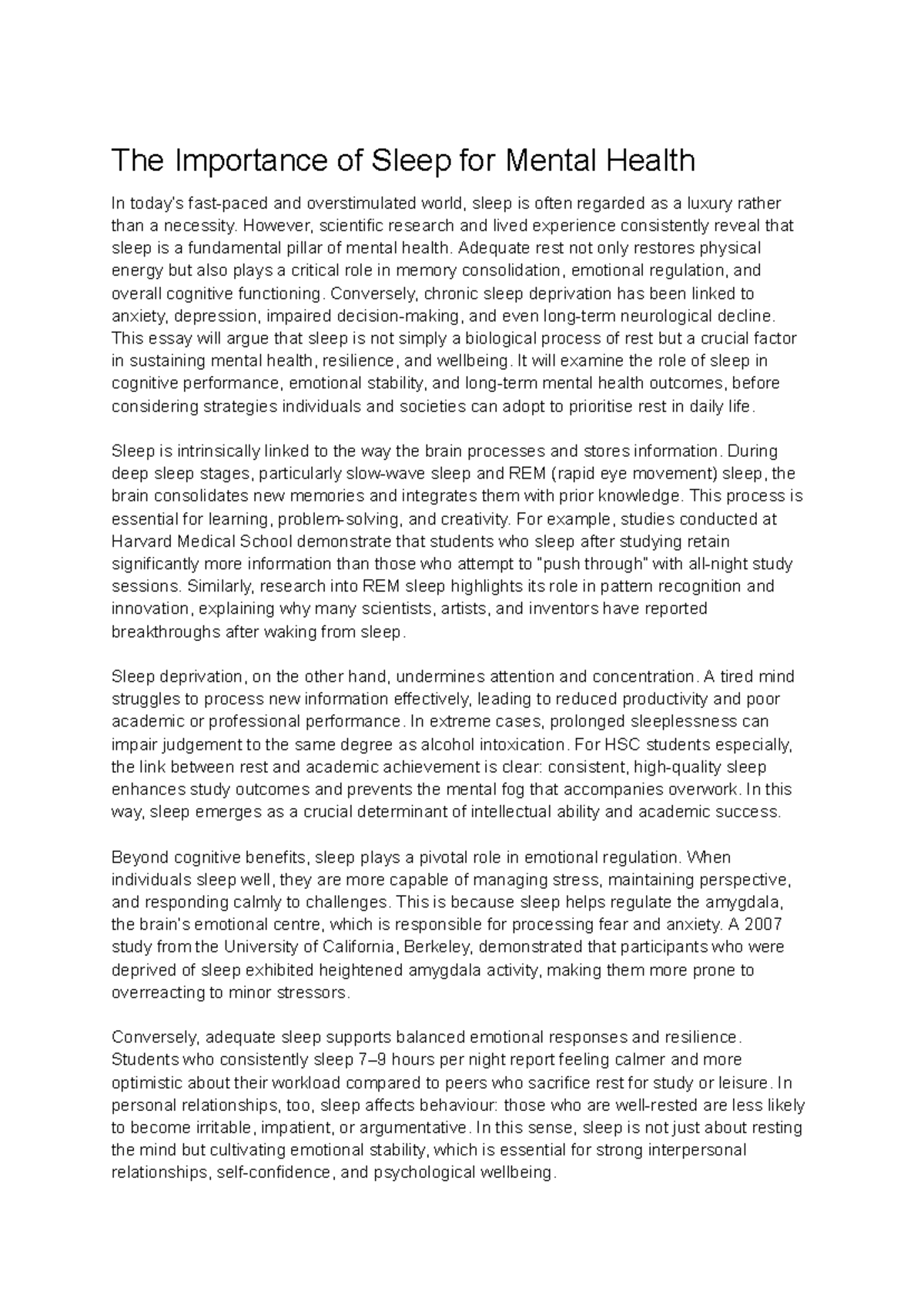 HSC Essay: The Crucial Role of Sleep in Mental Health - Studocu