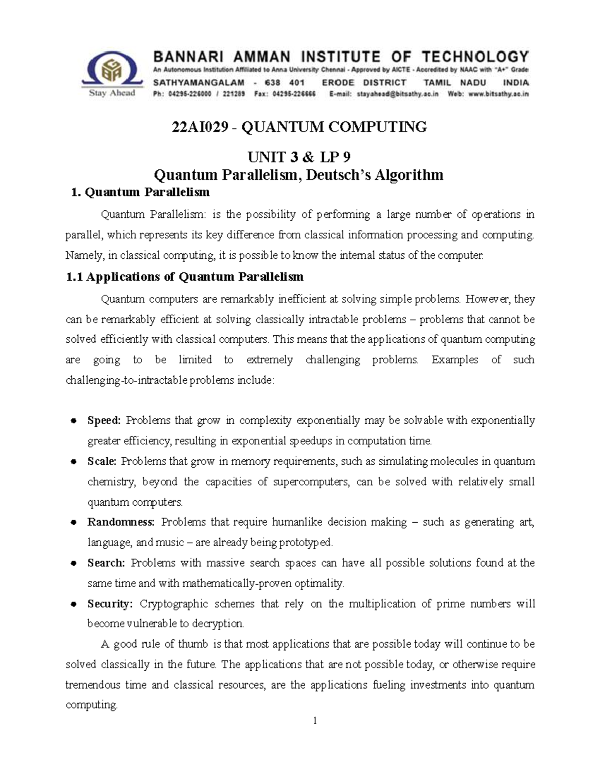Lecture Notes 22AI029: Quantum Parallelism & Algorithms in Quantum ...