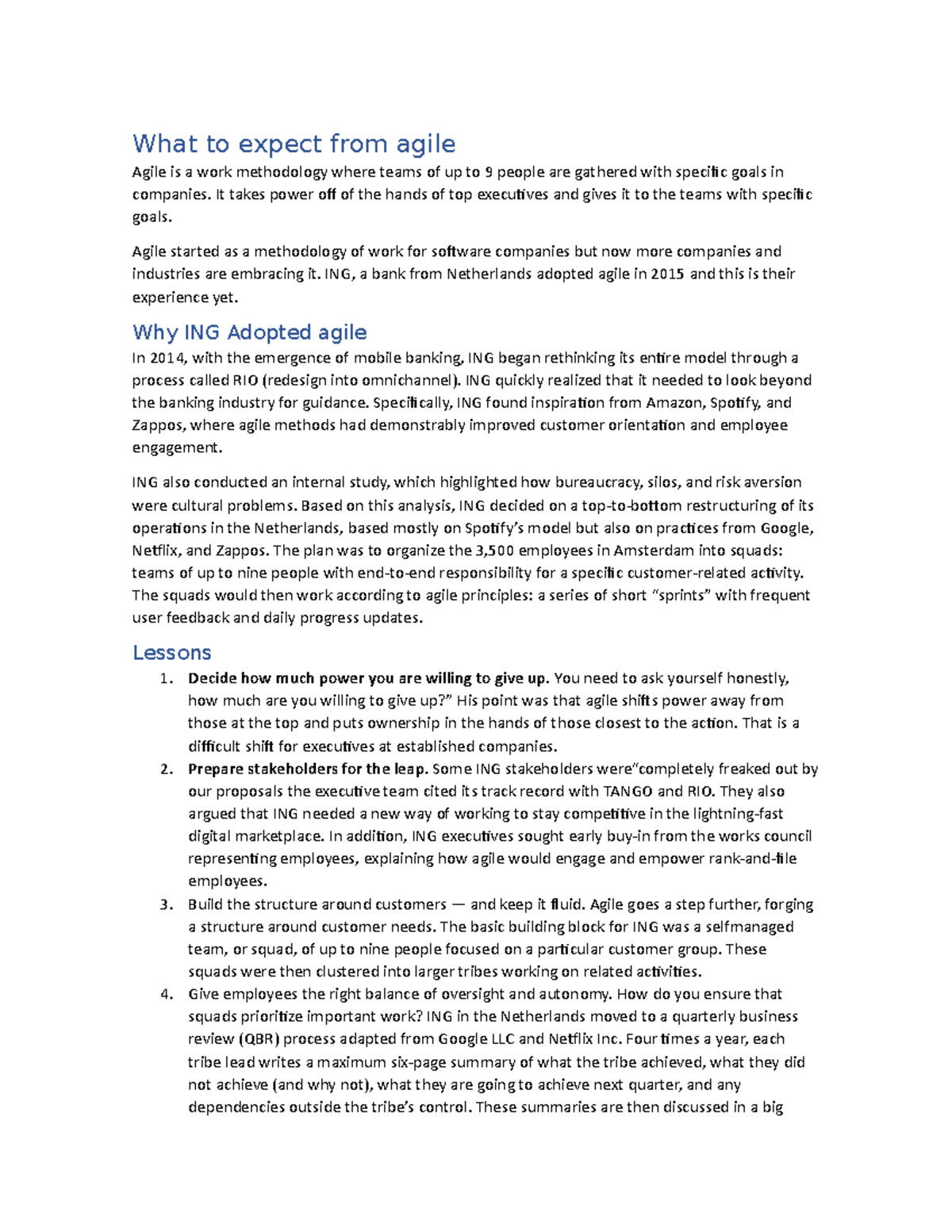 Agile Methodology & ING's Experience: Key Lessons and Insights - Studocu