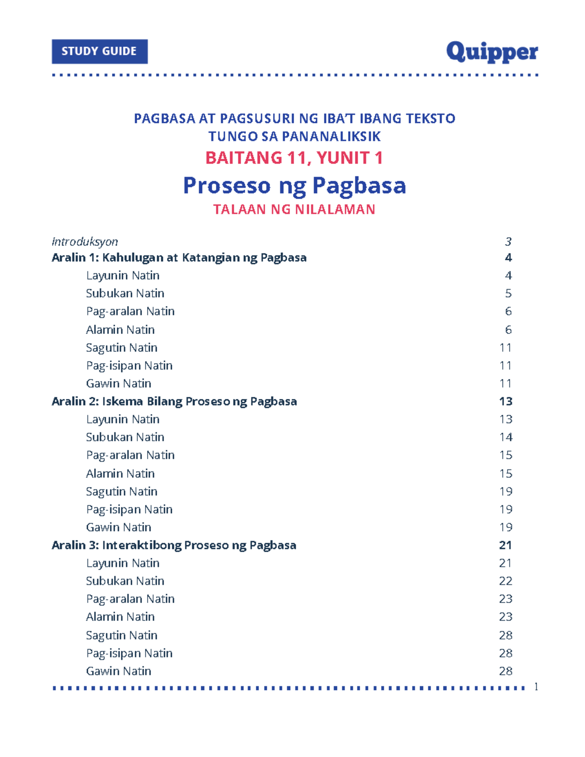 QV FIL Pagbasa at Pagsusuri: Yunit 1 - Proseso ng Pagbasa - Studocu