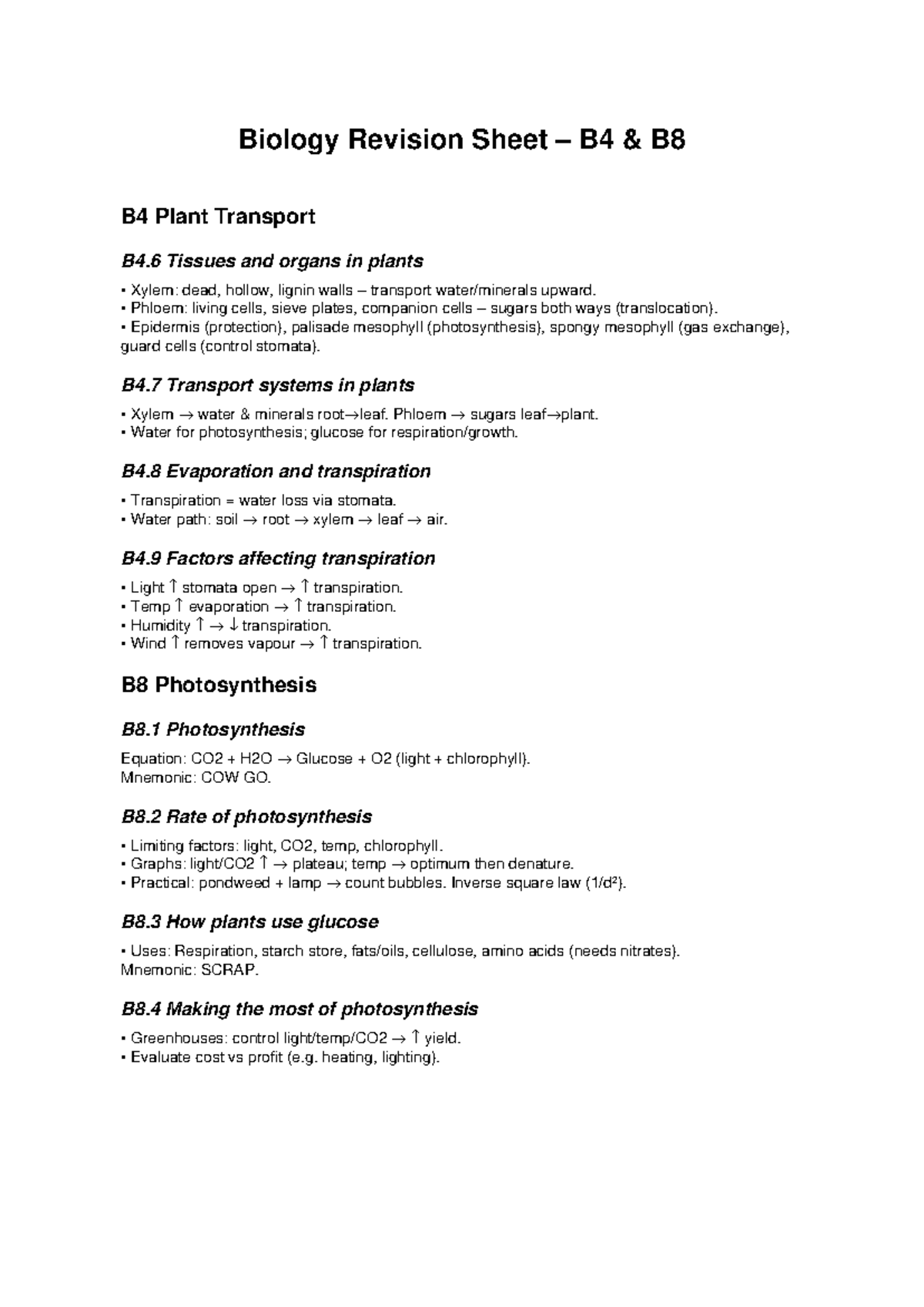 Biology B4 B8 Revision Sheet: Plant Transport & Photosynthesis - Studocu
