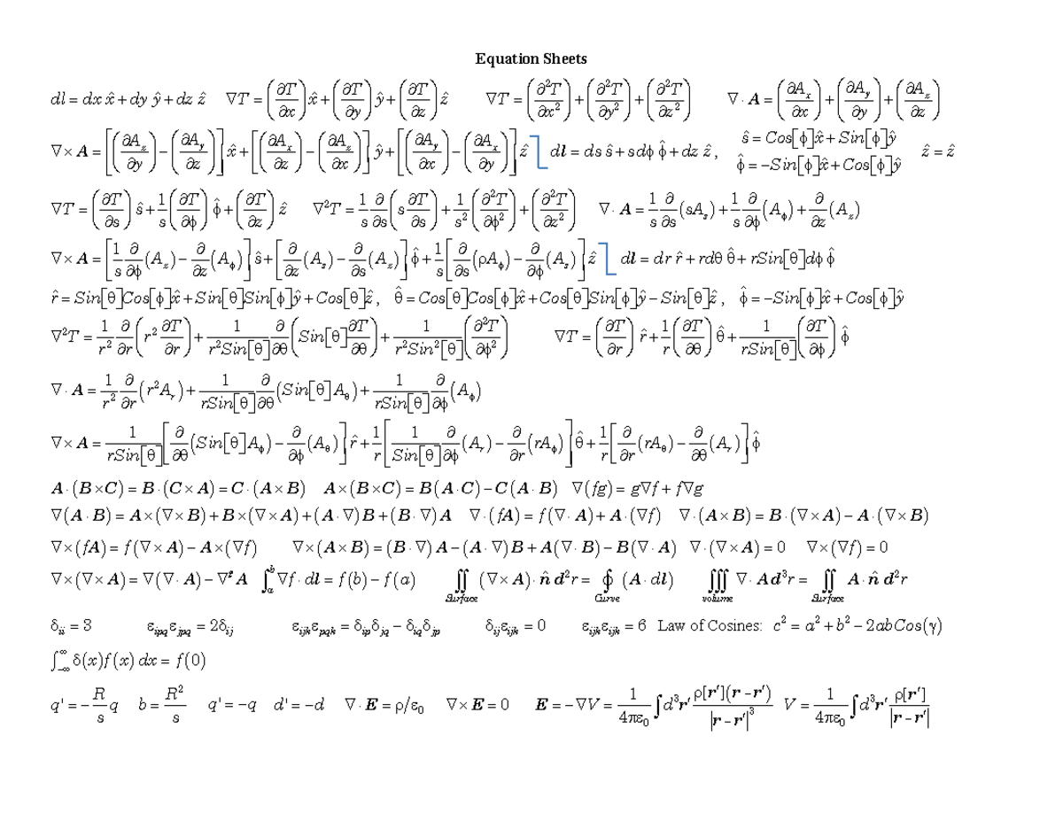 Comprehensive Equation Sheets for Exam Prep - Studocu