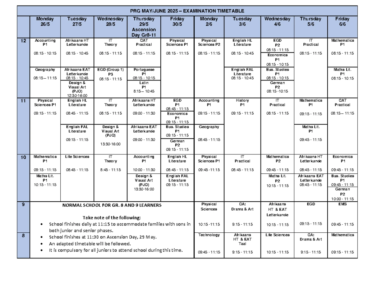 June Exam Timetable 2025: G8-G12 Schedule for Cambridge & Hudson DER ...