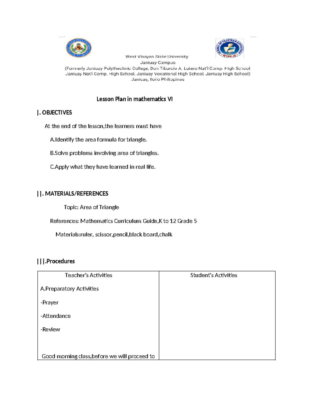 Lesson Plan: Area of Triangles for Math VI - Studocu