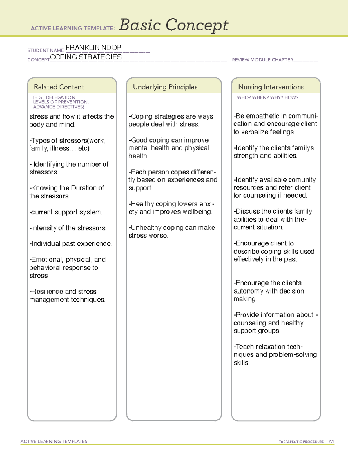 Active Learning Template: Basic Concepts on Coping Strategies - Studocu