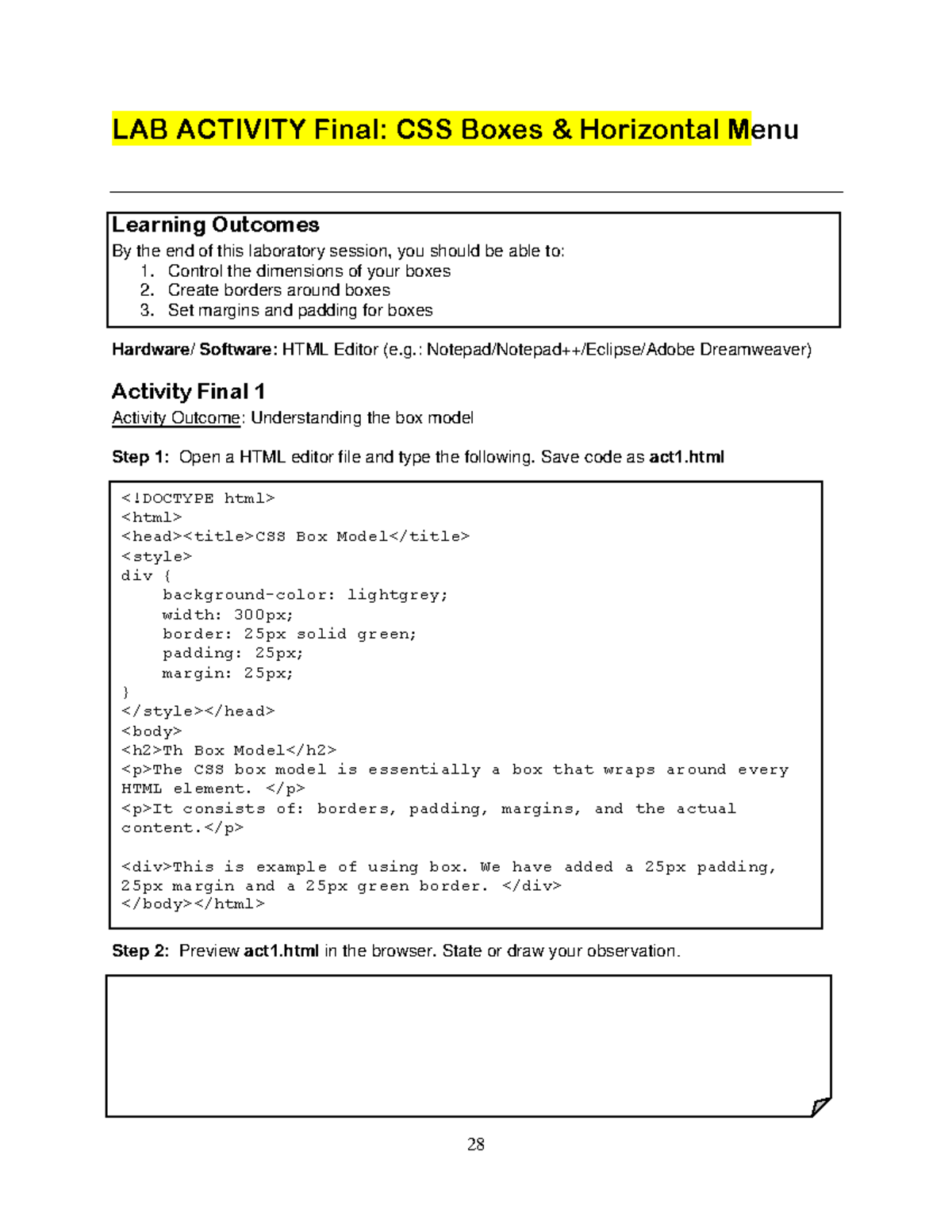 LAB ACTIVITY Final: CSS Boxes & Horizontal Menu Outcomes - Studocu