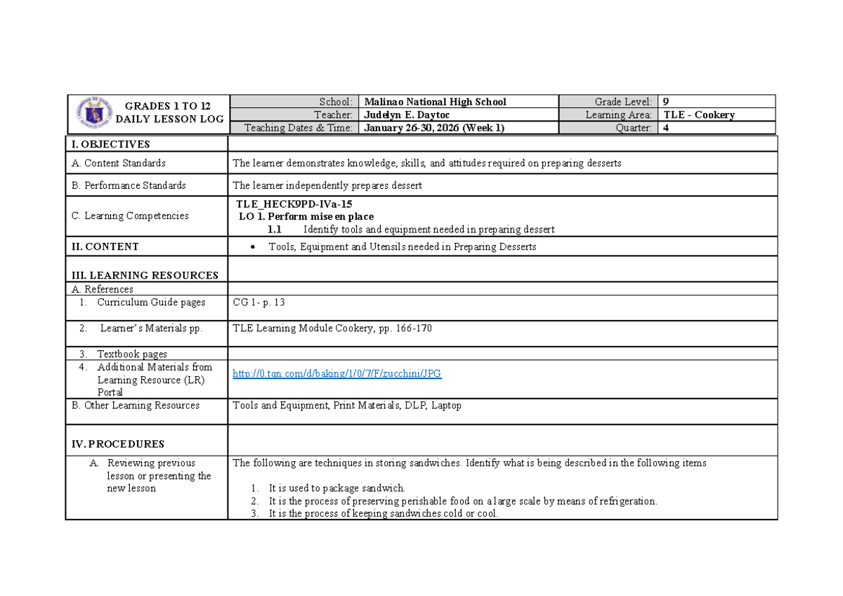 DLL TLE 9 Q4 W1: Daily Lesson Log for Cookery and Dessert Preparation ...