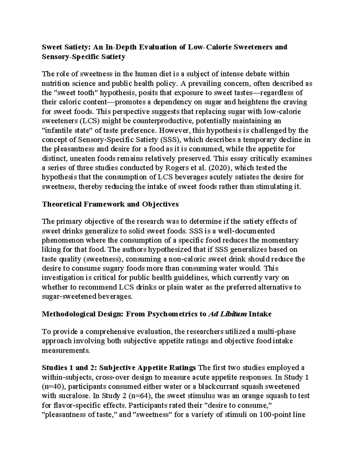 Sweet Satiety: Evaluating LCS and Their Impact on Appetite (2023) - Studocu