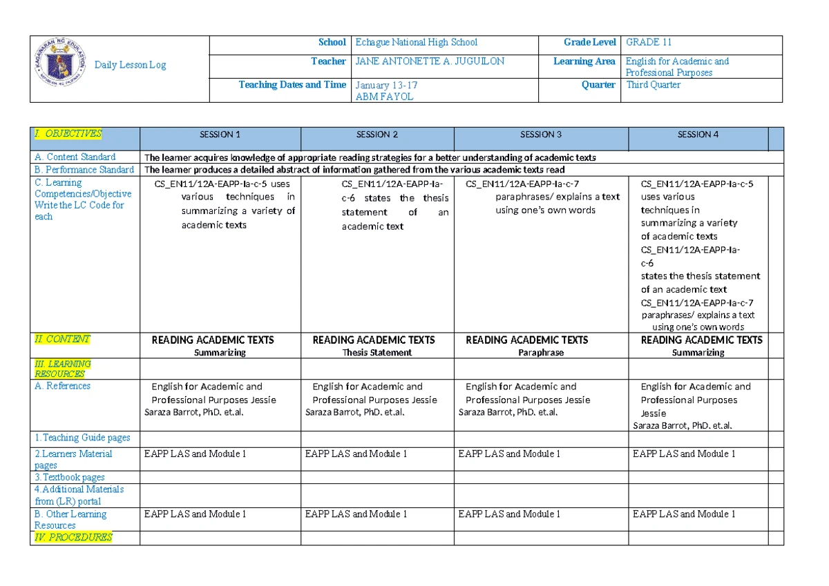 DLL-EAPP - Daily Lesson Log for Grade 11 English Activities - Studocu