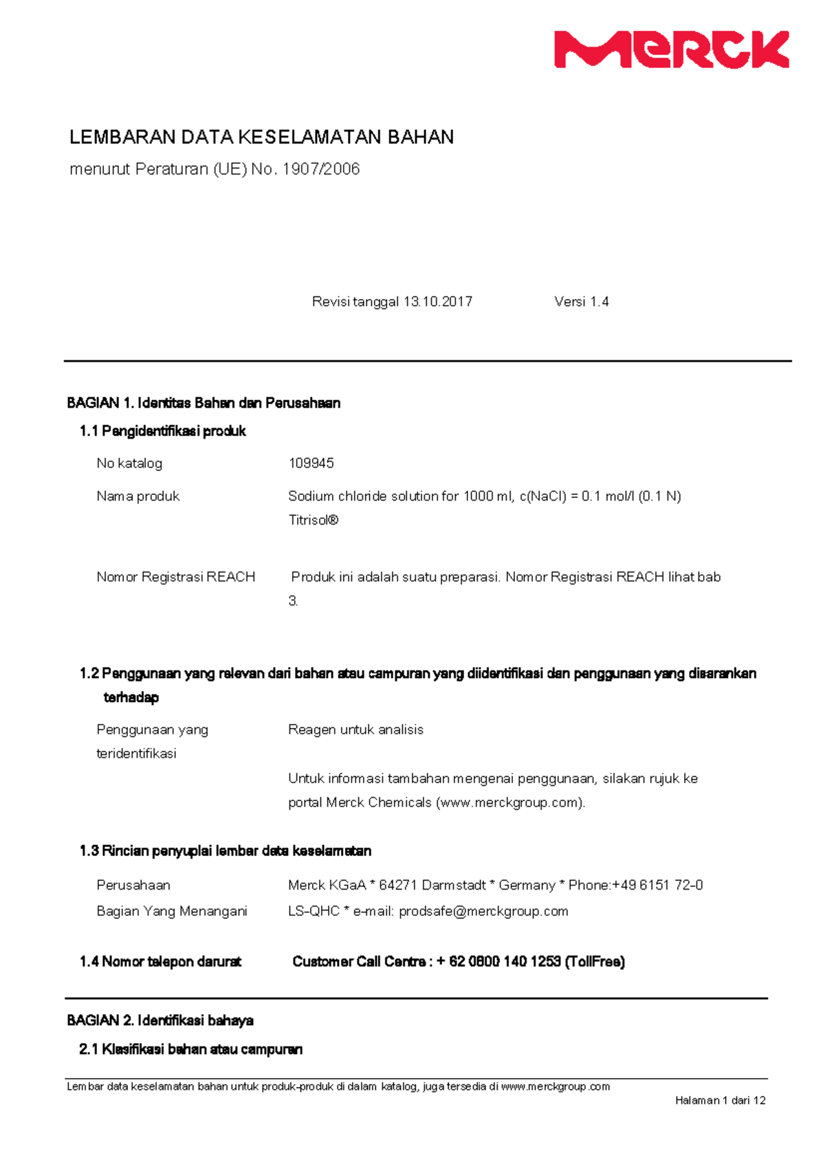 Lembar Data Keselamatan Bahan (MSDS) NaCl Merck - 1000 ml - Studocu