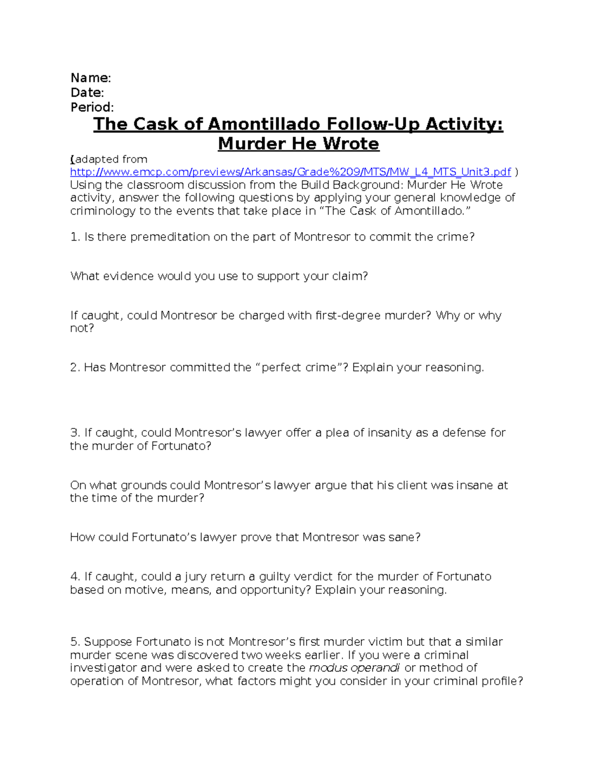 CST 101: Cask of Amontillado Activity Follow-Up Questions - Studocu