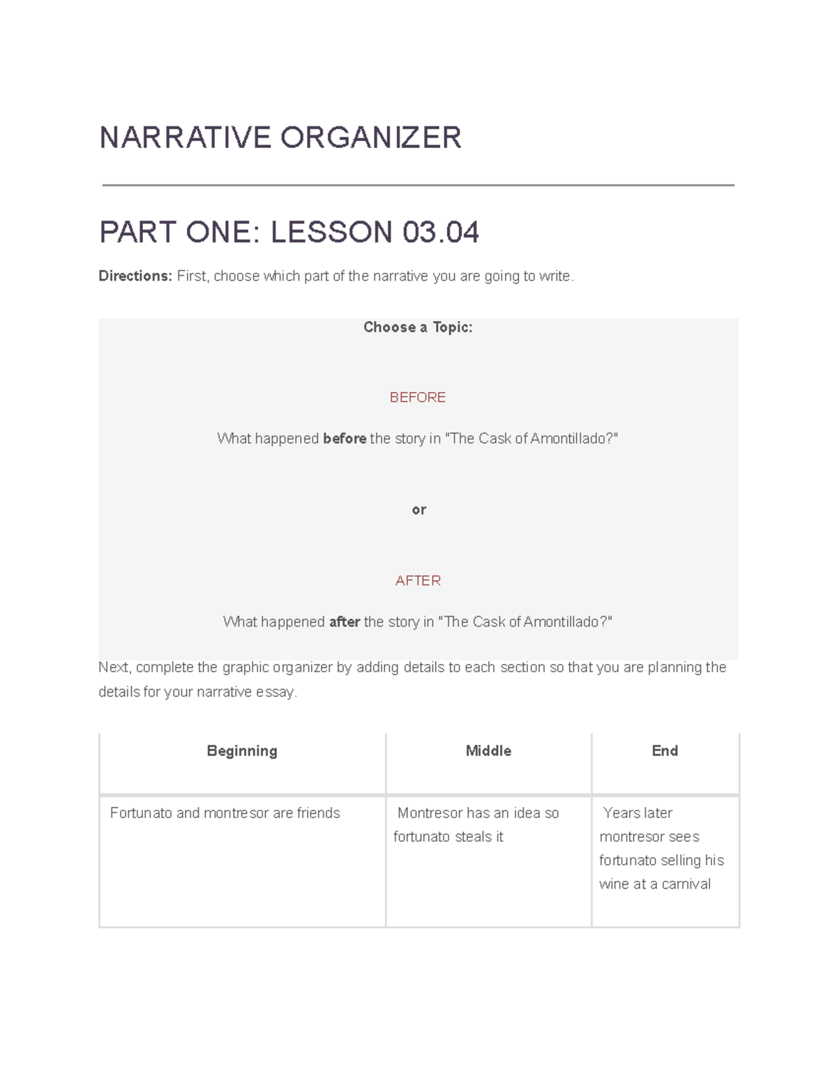 Narrative Organizer 03.04: Strategies for Establishing Narration - Studocu