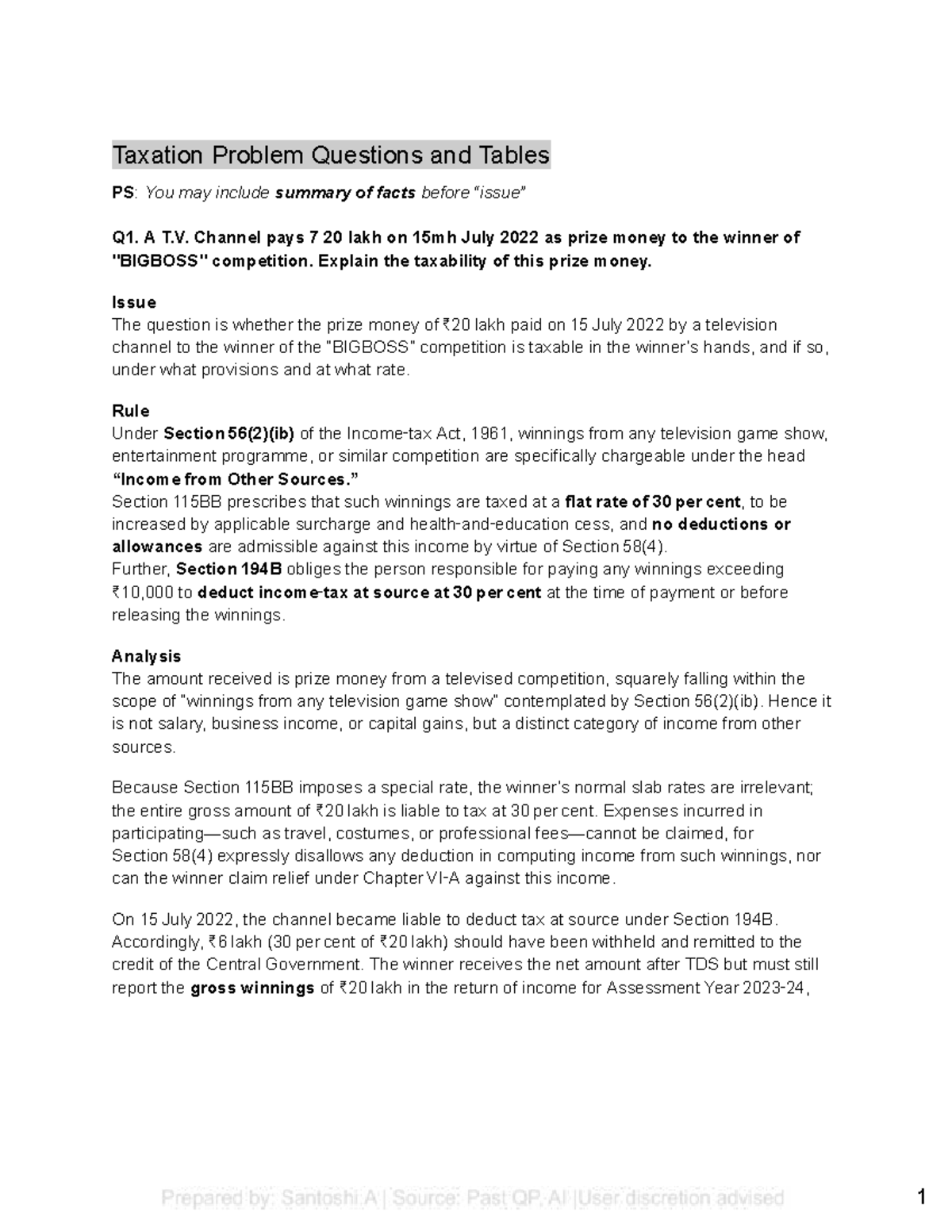 Taxation Problem Questions and Tables: Analysis of Prize Money and ...