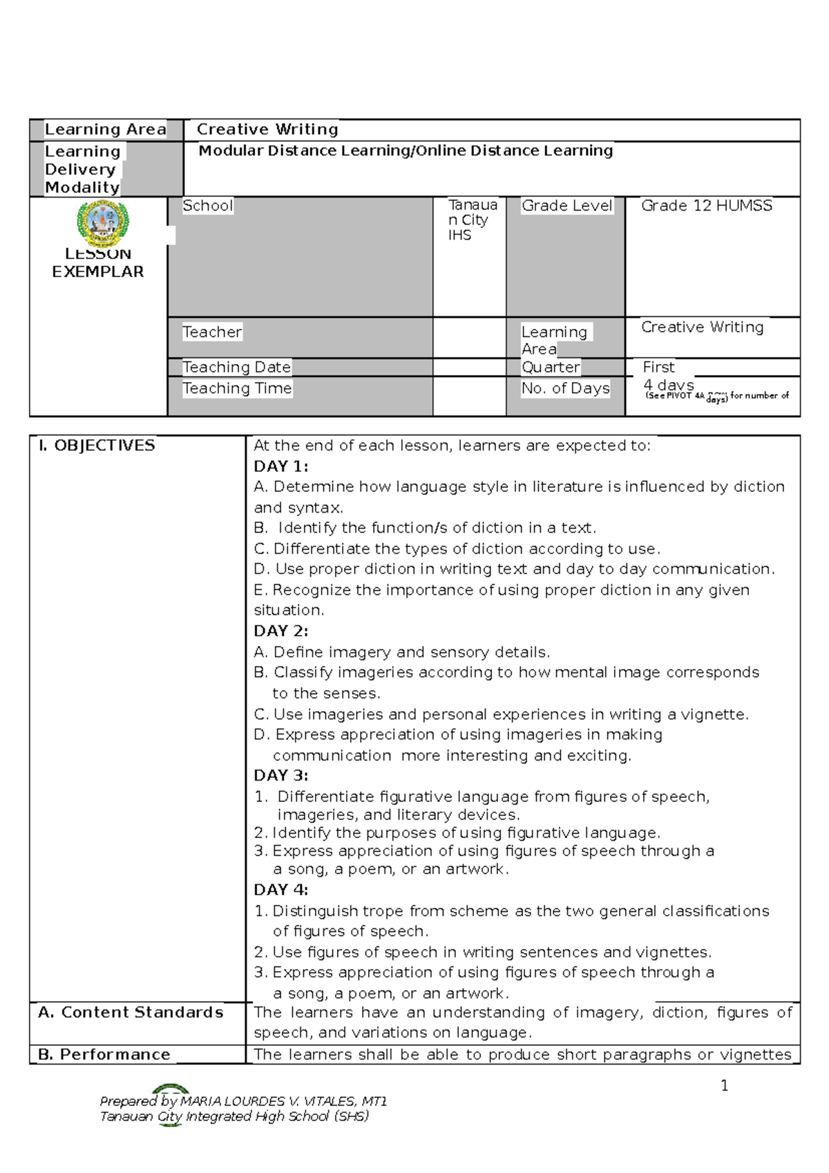 HUMSS_CW Week 1 Creative Writing Lesson Plan and Objectives - Studocu
