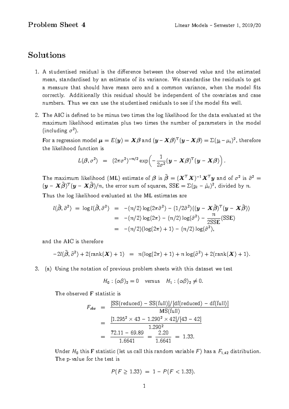 Solutions to Problem Sheet 4: Linear Models - Sem 1, 2019/20 - Studocu