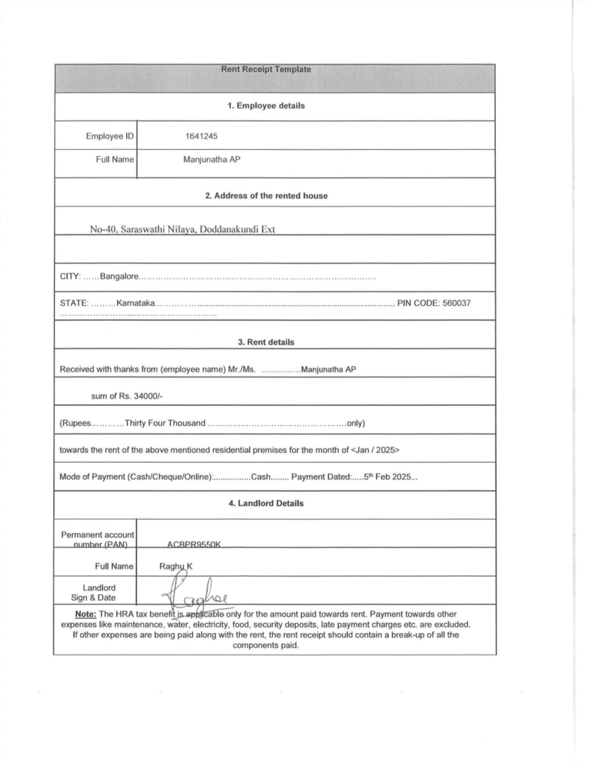 Jan to Mar Rent - description - Rent Receipt Template 1. Employee ...