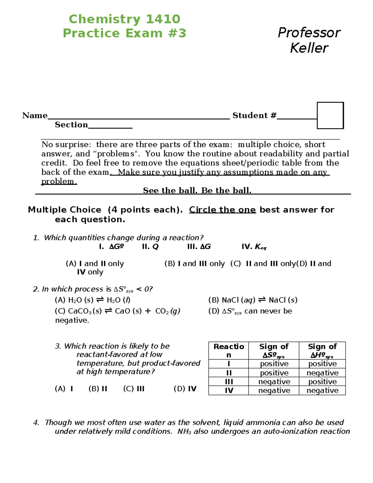 Chemistry 1410 Practice Exam 3b - Study Guide for Exam 2 - Studocu