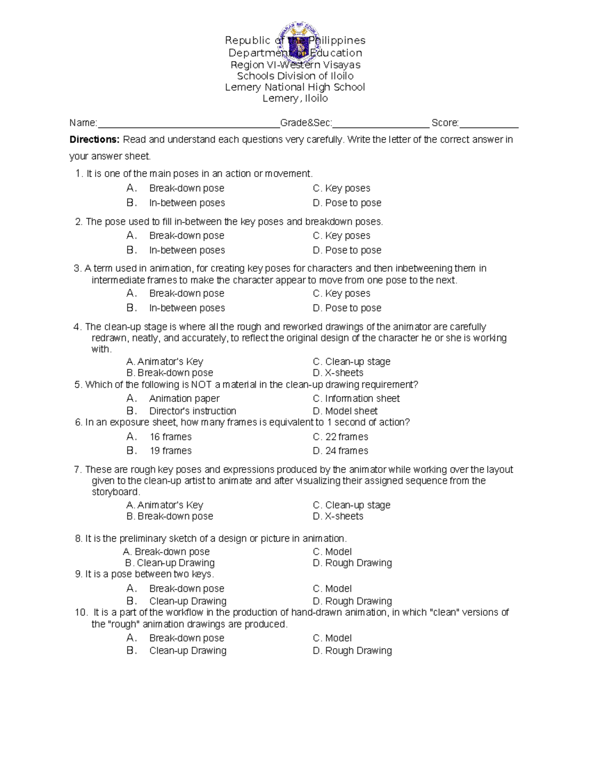 1st Quarter Exam - Practical Questions on Animation Techniques - Studocu