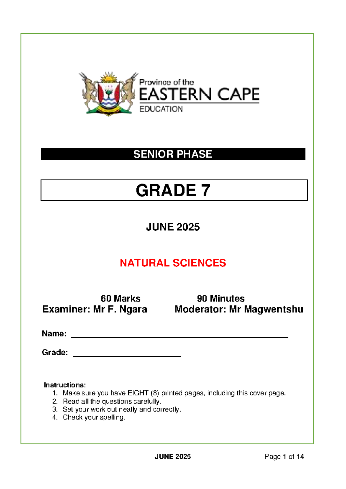 NS Grade 7 JUNE 2025 Natural Sciences Question Paper - Studocu