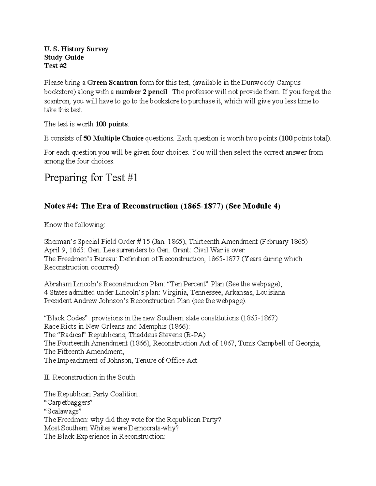 Study-Guide-Test-2 Spring 2022-2 - U. S. History Survey Study Guide ...